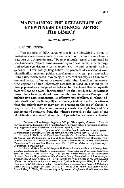 (PDF) Maintaining the Reliability of Eyewitness Evidence: After the Lineup