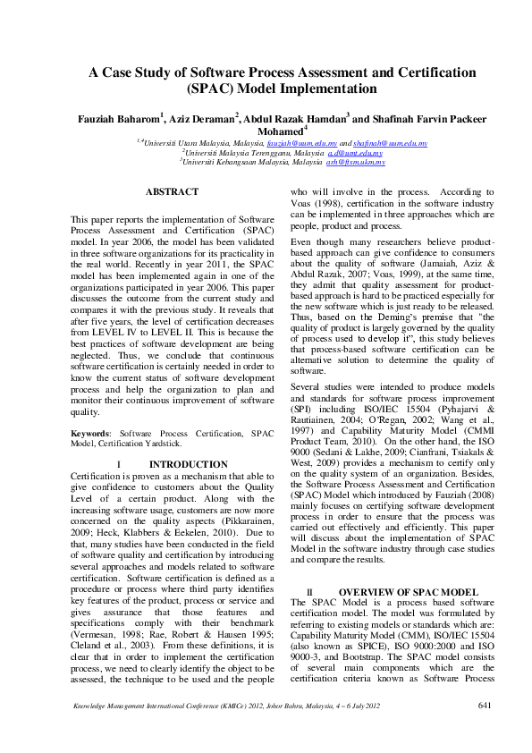 (PDF) A Case Study of Software Process Assessment and Certification (SPAC) Model Implementation