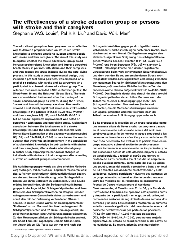 (PDF) The effectiveness of a stroke education group on persons with stroke and their caregivers