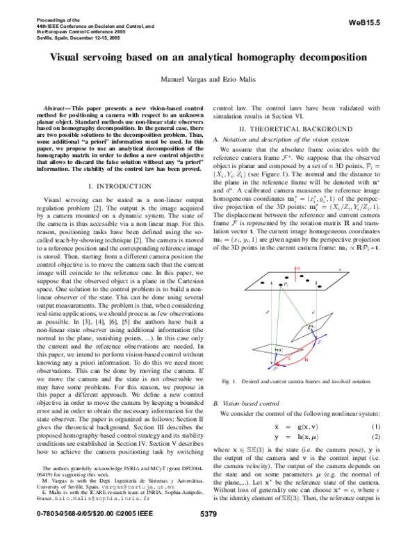 (PDF) Visual servoing based on an analytical homography decomposition