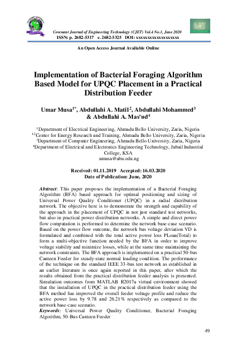 (PDF) Implementation of Bacterial Foraging Algorithm Based Model for UPQC Placement in a ...