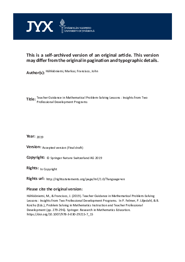 (PDF) Teacher Guidance in Mathematical Problem-Solving Lessons: Insights from Two Professional ...