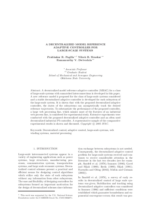 (PDF) A Decentralized Model Reference Adaptive Controller for Large-Scale Systems