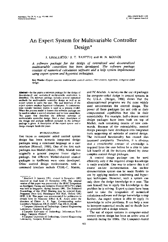 (PDF) An Expert System for the Multivariable Controller Design
