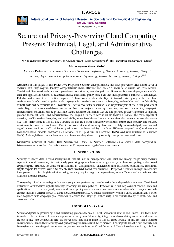 (PDF) Secure and Privacy-Preserving Cloud Computing Presents Technical, Legal, and ...