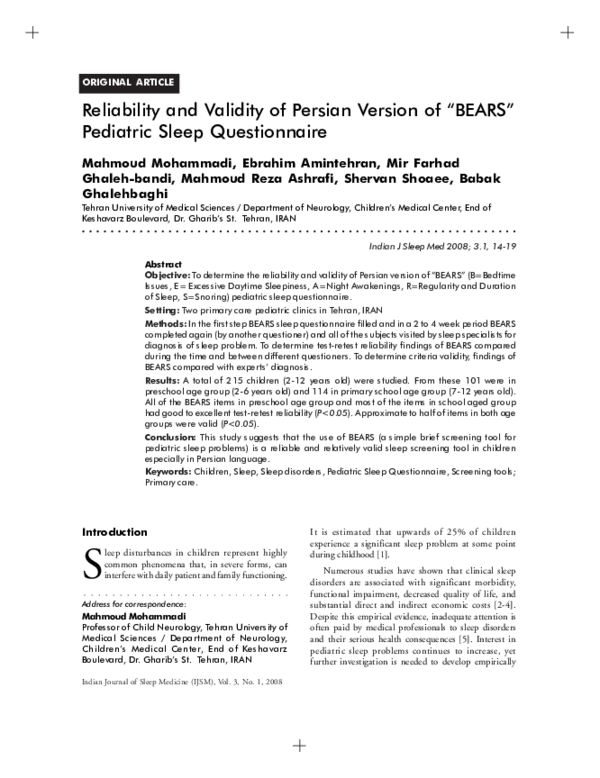 (PDF) Reliability and Validity of Persian Version of “BEARS” Pediatric ...