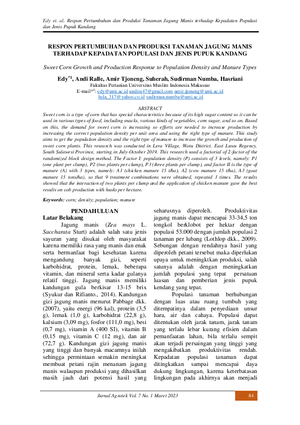 (PDF) Respon Pertumbuhan Dan Produksi Tanaman Jagung Manis Terhadap Kepadatan Populasi Dan Jenis ...