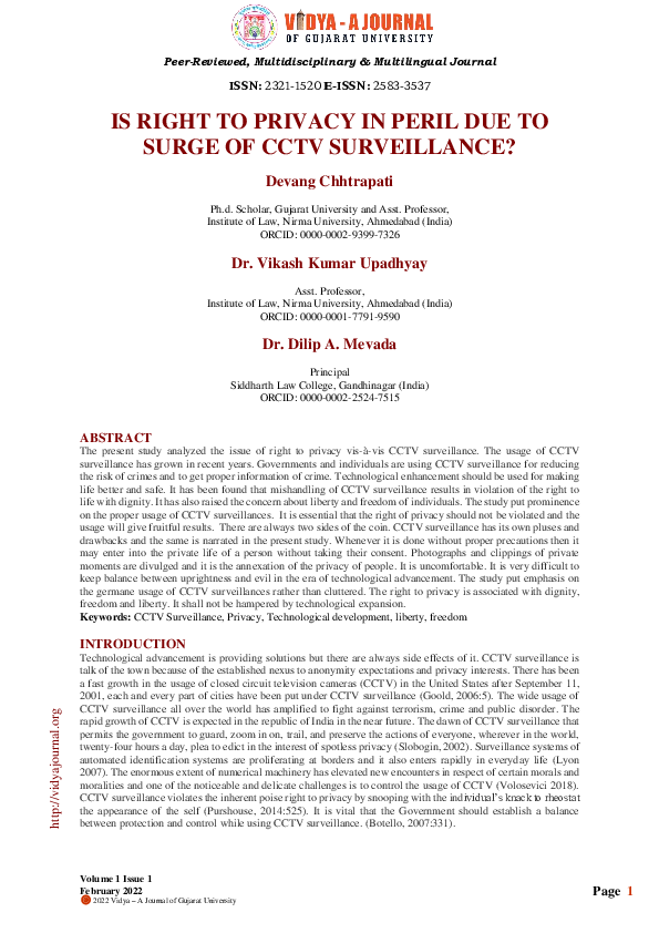 (PDF) Is Right to Privacy in Peril Due to Surge of CCTV Surveillance?
