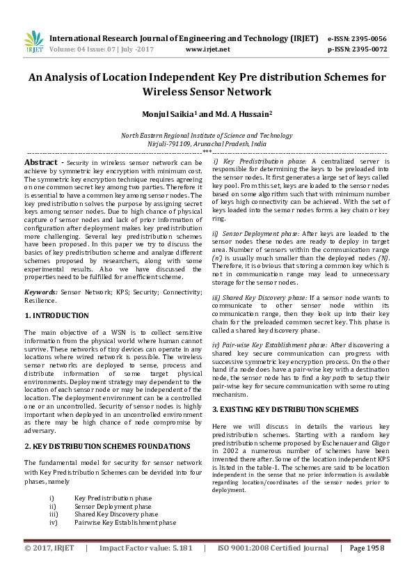 (PDF) An Analysis of Location Independent Key Pre distribution Schemes for Wireless Sensor Network