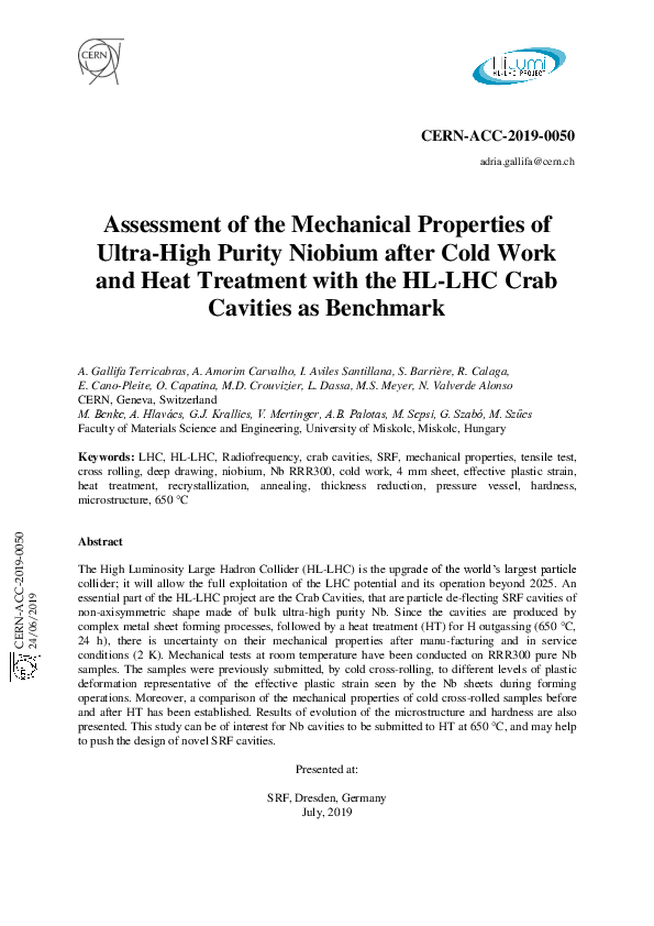 (PDF) Assessment of the Mechanical Properties of Ultra-High Purity Niobium After Cold Work and ...