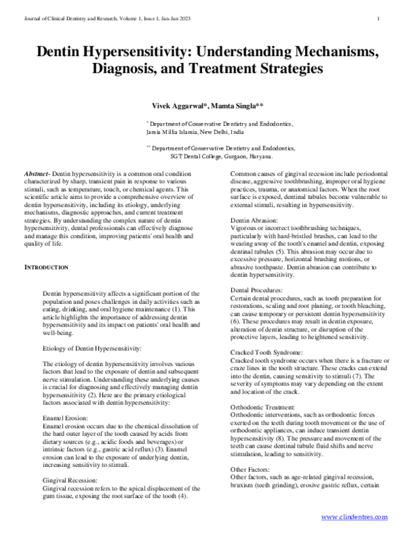 (PDF) Dentin Hypersensitivity: Understanding Mechanisms, Diagnosis, and ...