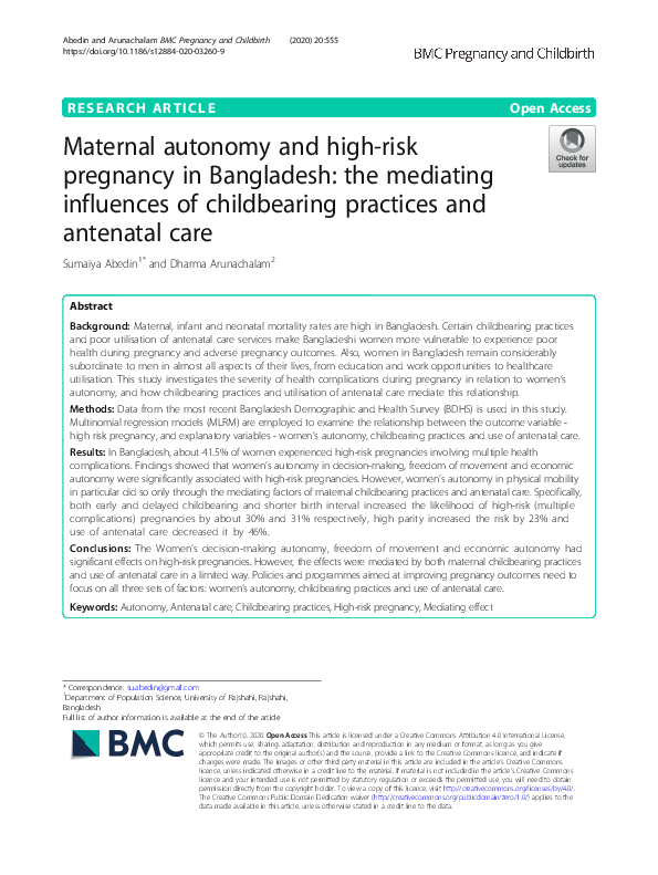 (PDF) Maternal autonomy and high-risk pregnancy in Bangladesh: the ...