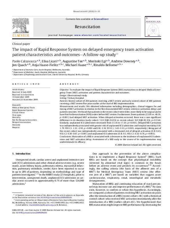 (PDF) The impact of Rapid Response System on delayed emergency team ...