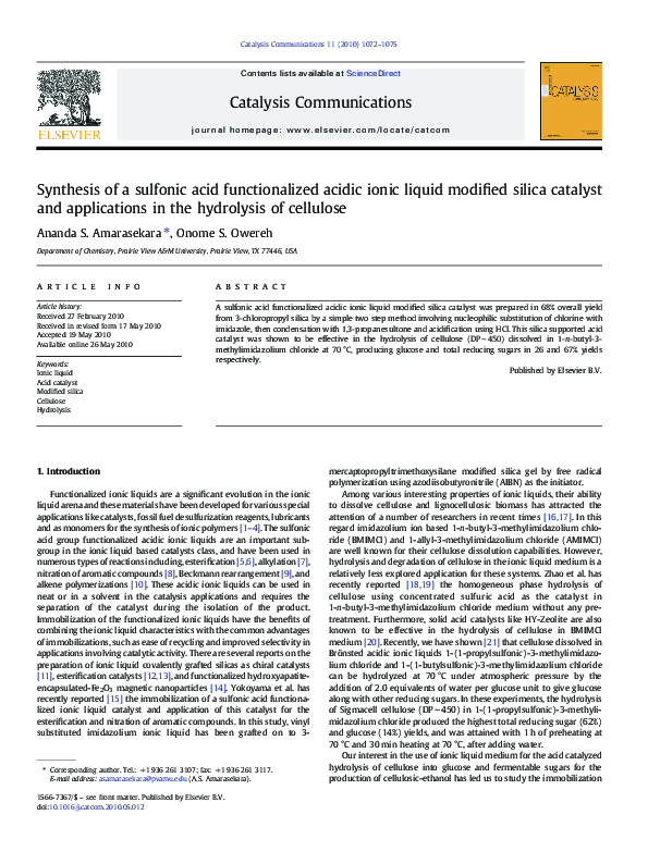 (PDF) Synthesis of a sulfonic acid functionalized acidic ionic liquid modified silica catalyst ...