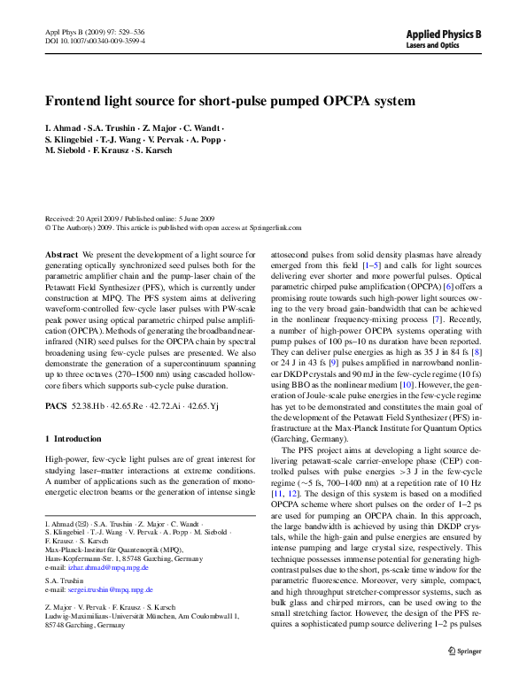 Frontend light source for short-pulse pumped OPCPA system
