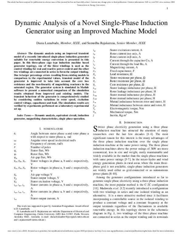 (PDF) Dynamic Analysis of a Novel Single-Phase Induction Generator Using an Improved Machine Model