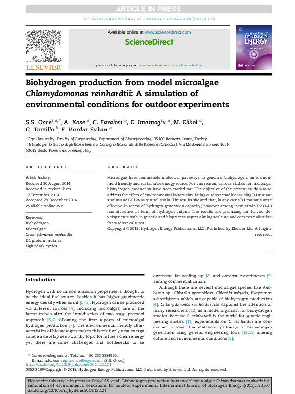 (PDF) Biohydrogen production from model microalgae Chlamydomonas reinhardtii : A simulation of ...