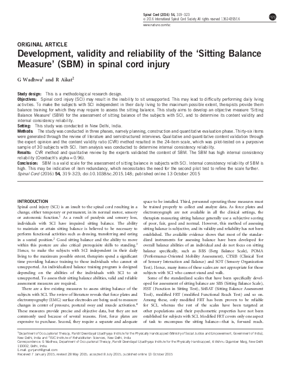 (PDF) Development, validity and reliability of the ‘Sitting Balance ...
