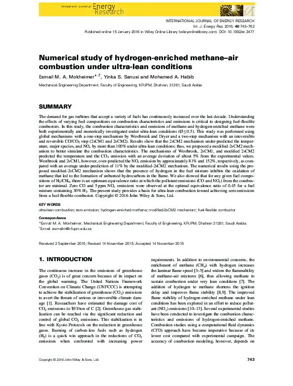 (PDF) Numerical study of hydrogen-enriched methane-air combustion under ultra-lean conditions