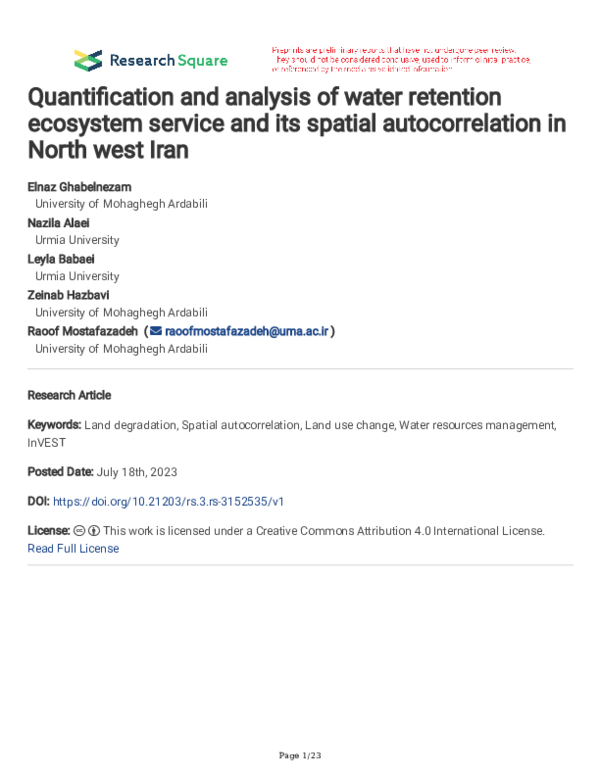 (PDF) Quantification and analysis of water retention ecosystem service and its spatial ...