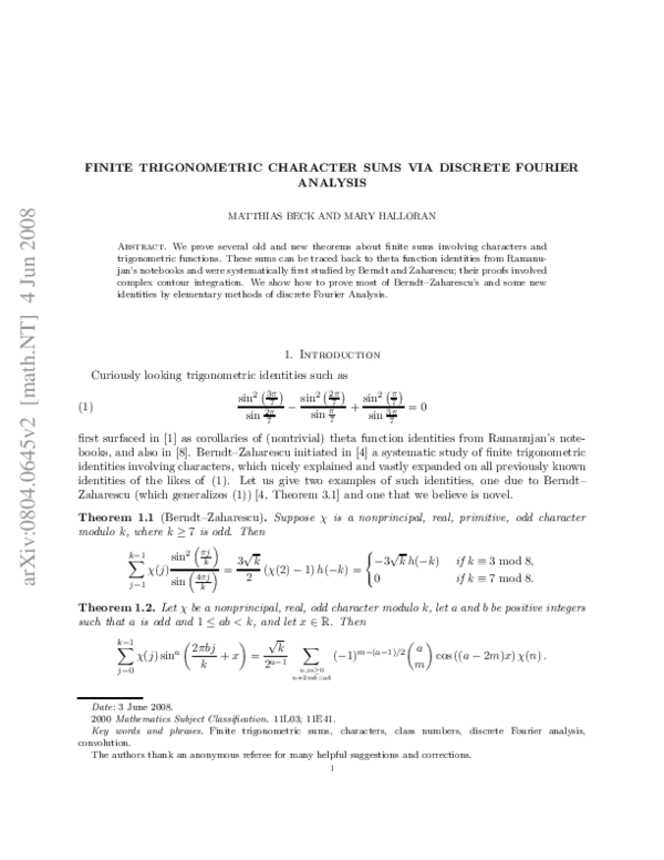 (PDF) Finite Trigonometric Character Sums via Discrete Fourier Analysis | Nat Geo - Academia.edu