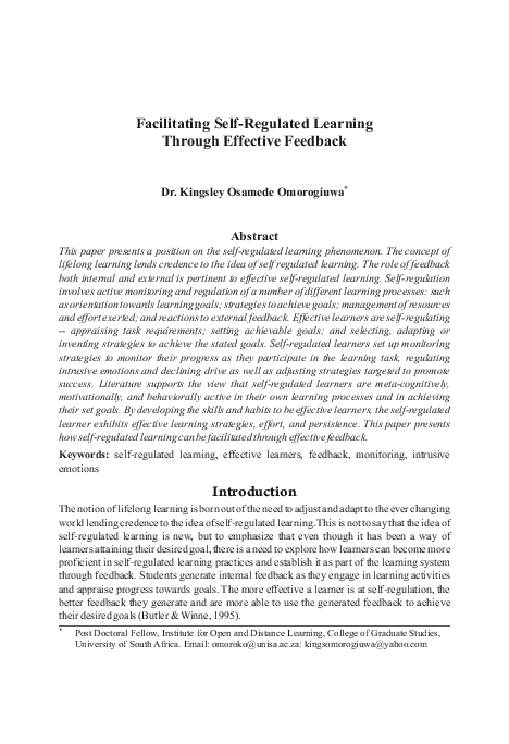 (PDF) Facilitating Self-Regulated Learning Through Effective Feedback