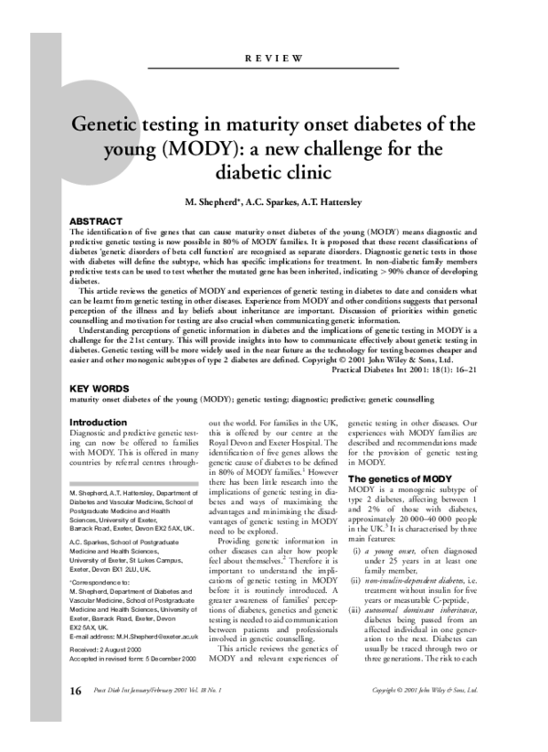 (PDF) Genetic testing in maturity onset diabetes of the young (MODY): a ...
