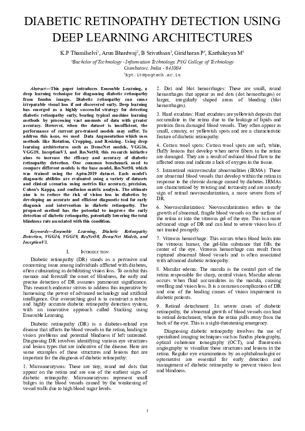 (PDF) DIABETIC RETINOPATHY DETECTION USING DEEP LEARNING ARCHITECTURES