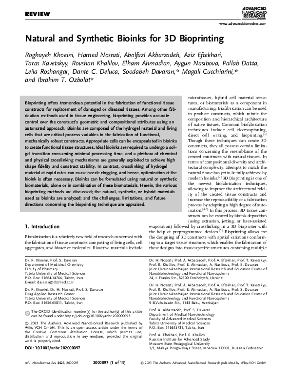 (PDF) Natural and Synthetic Bioinks for 3D Bioprinting