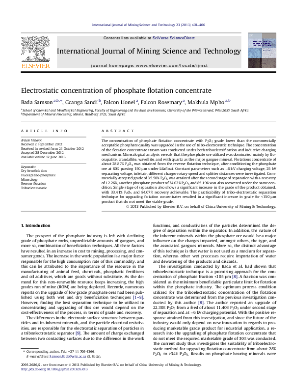 (PDF) Electrostatic concentration of phosphate flotation concentrate