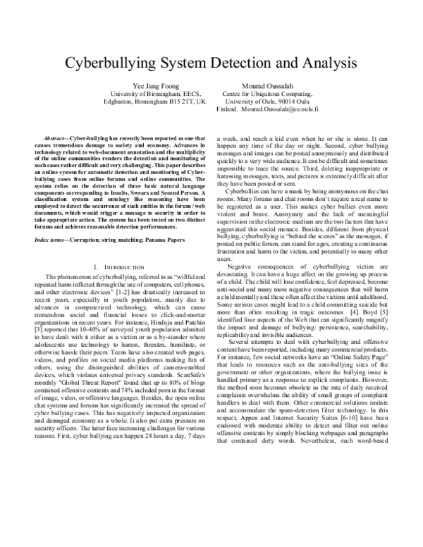 (PDF) Cyberbullying System Detection and Analysis