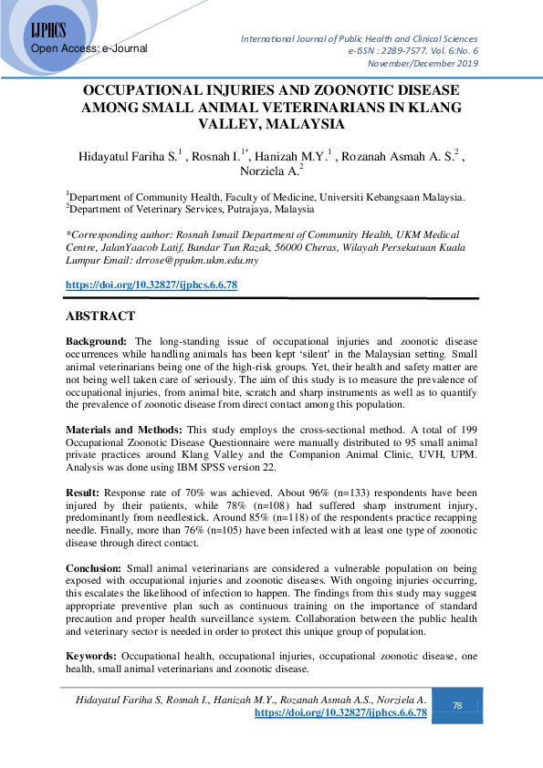 (PDF) Occupational Injuries and Zoonotic Disease Among Small Animal Veterinarians in Klang ...