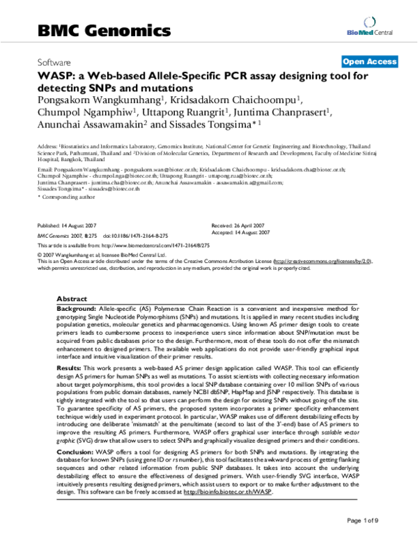 (PDF) WASP: a Web-based Allele-Specific PCR assay designing tool for detecting SNPs and mutations