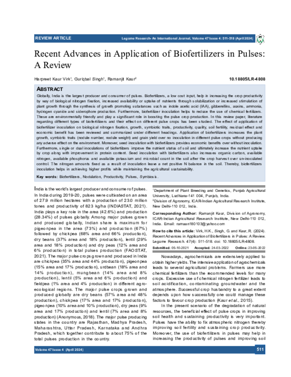 (PDF) Recent Advances in Application of Biofertilizers in Pulses: A Review
