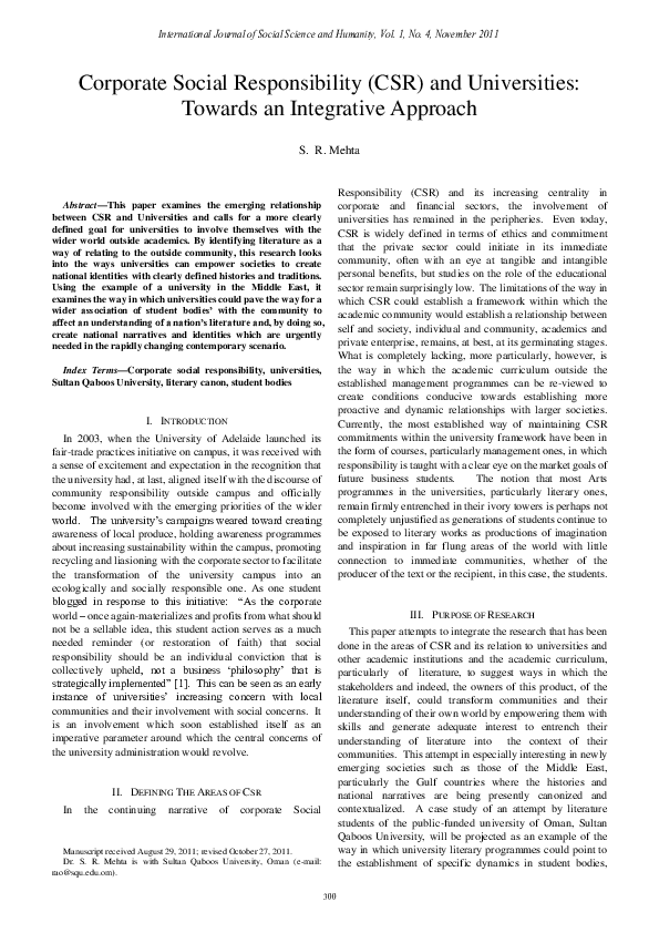 (PDF) Corporate Social Responsibility (CSR) and Universities:Towards an ...