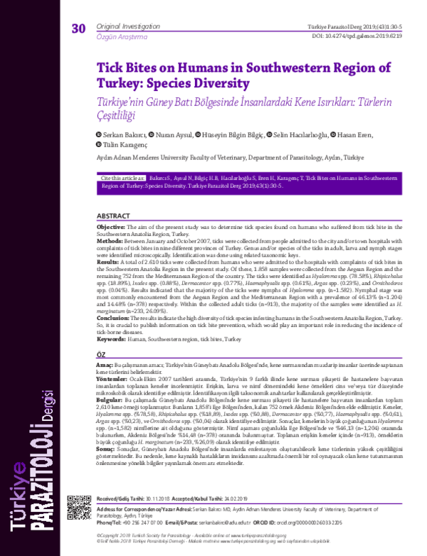 (PDF) Tick Bites on Humans in Southwestern Region of Turkey: Species ...