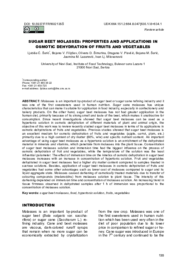 (PDF) Sugar beet molasses: Properties and applications in osmotic ...