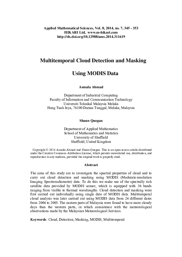 (PDF) Multitemporal cloud detection and masking using MODIS data