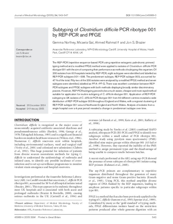 (PDF) Subtyping of Clostridium difficile PCR ribotype 001 by REP-PCR ...