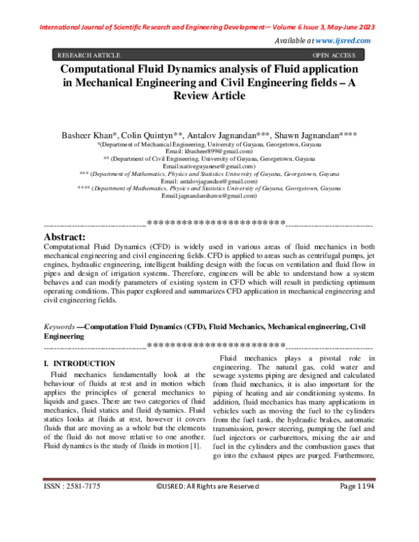 (PDF) Computational Fluid Dynamics analysis of Fluid application in Mechanical Engineering and ...