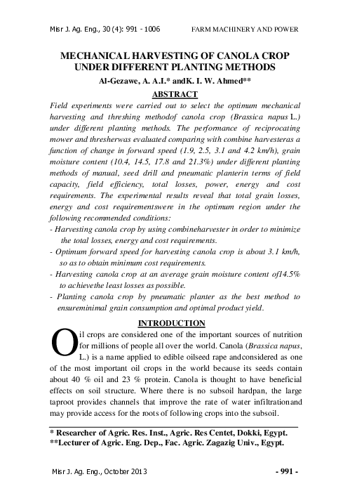 (PDF) Mechanical Harvesting of Canola Crop Under Different Planting Methods