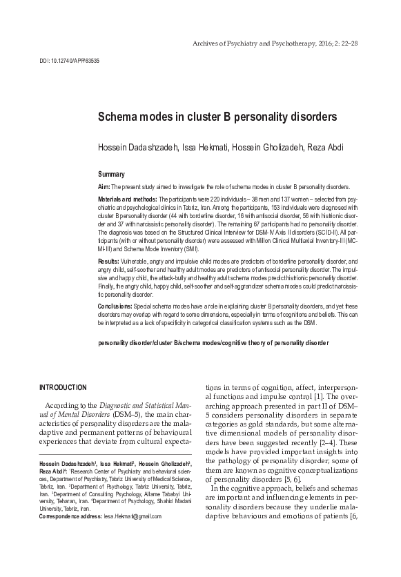 (PDF) Schema modes in cluster B personality disorders