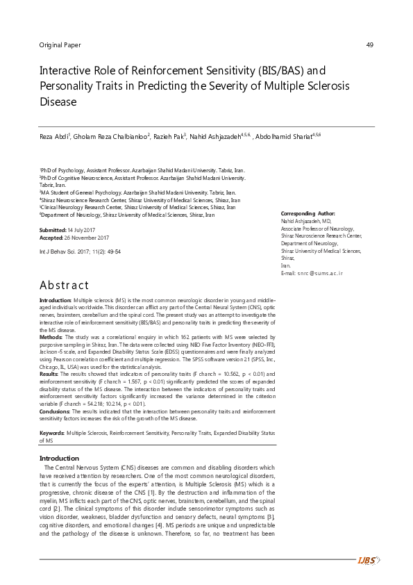 (PDF) Interactive Role of Reinforcement Sensitivity (BIS/BAS) and ...