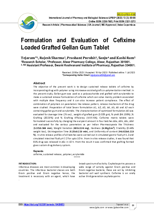 Pdf Formulation And Evaluation Of Cefixime Loaded Grafted Gellan Gum Tablet