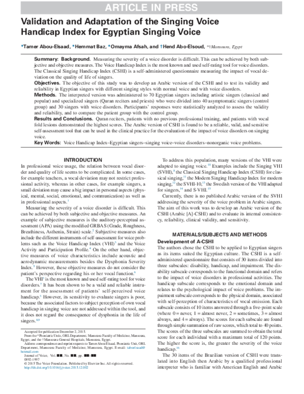 (PDF) Validation and Adaptation of the Singing Voice Handicap Index for ...