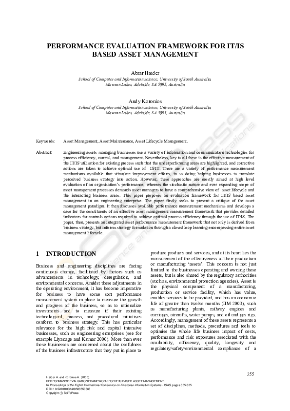(PDF) Performance Evaluation Framework for It/Is Based Asset Management