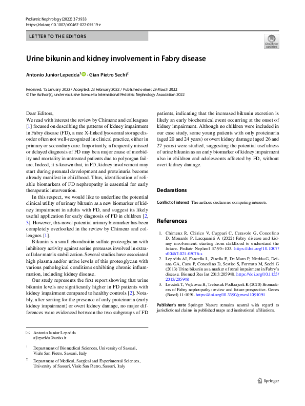 (PDF) Urine bikunin and kidney involvement in Fabry disease
