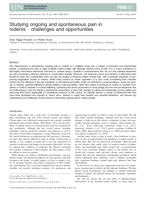 (PDF) Studying ongoing and spontaneous pain in rodents - challenges and ...