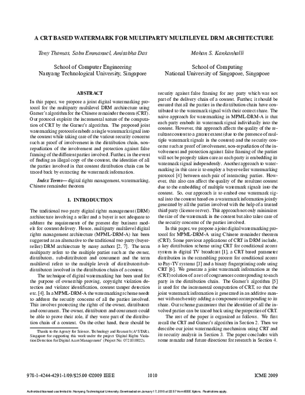 (PDF) A CRT based watermark for multiparty multilevel DRM architecture | Tony Thomas - Academia.edu