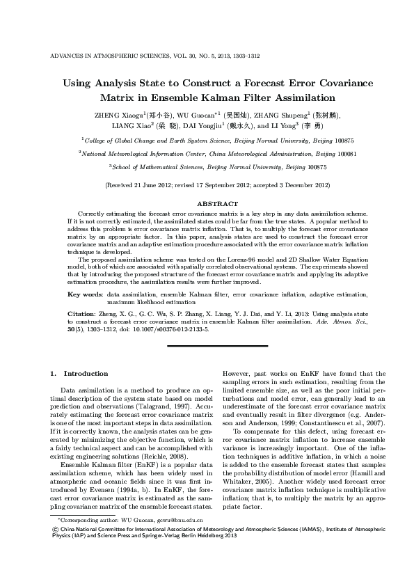 Pdf Using Analysis State To Construct A Forecast Error Covariance Matrix In Ensemble Kalman